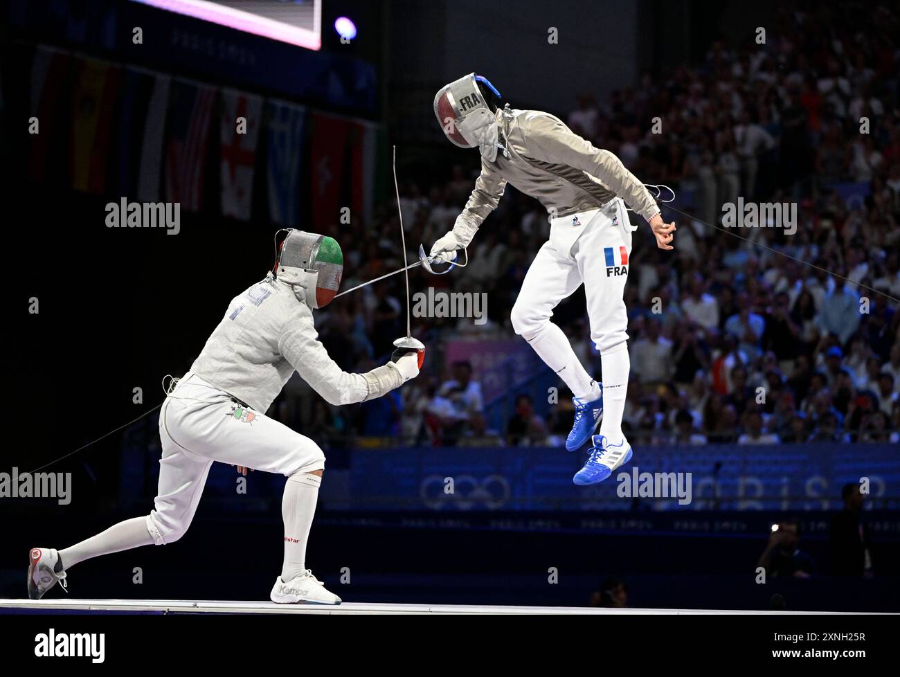 Paris - France, July 31, 2024, French fencing team, defeats Italian ...