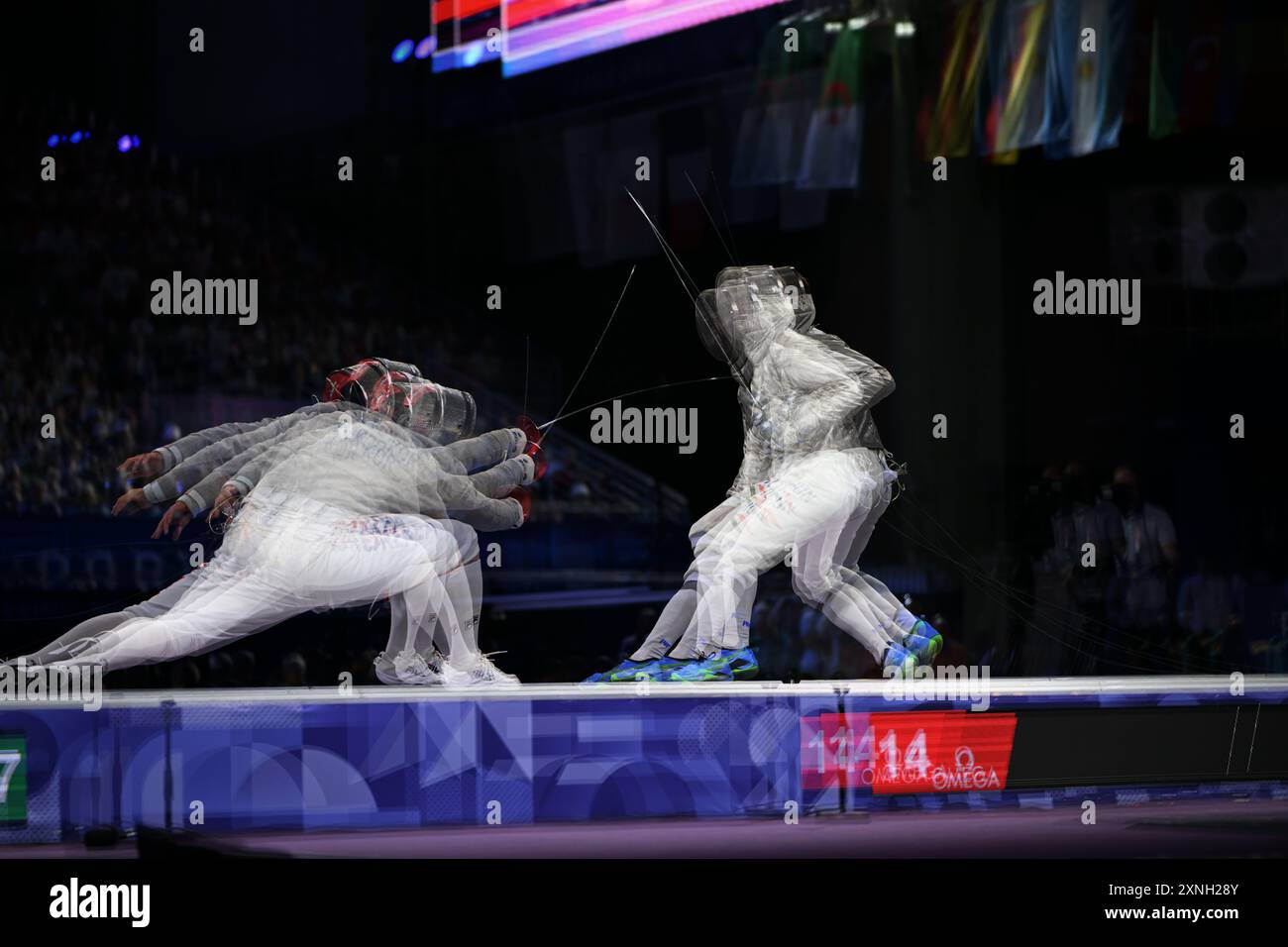 Paris - France, July 31, 2024, French fencing team, defeats Italian ...