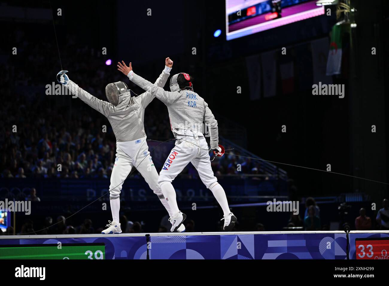 Paris - France, July 31, 2024, French fencing team, defeats Italian ...