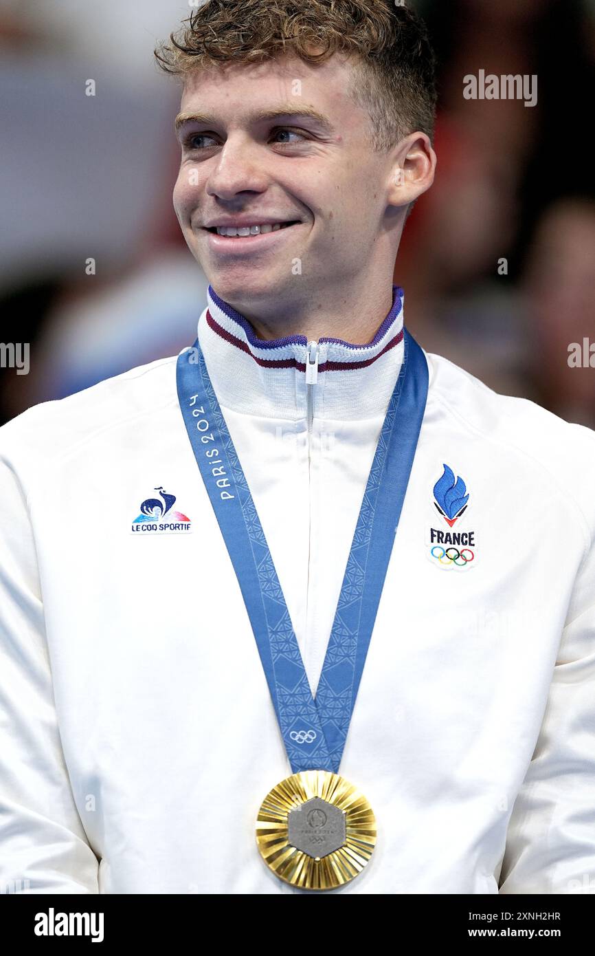 Paris, France. 31st July, 2024. Gold medalist Leon Marchand of France ...