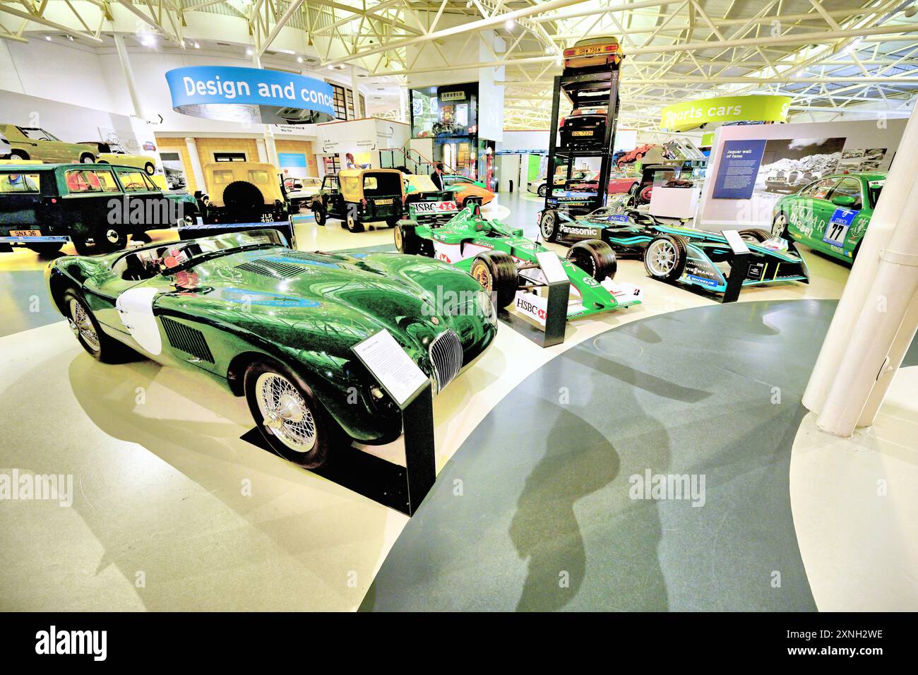 British Motor Museum Gaydon entance hall to the museum with racing cars ...