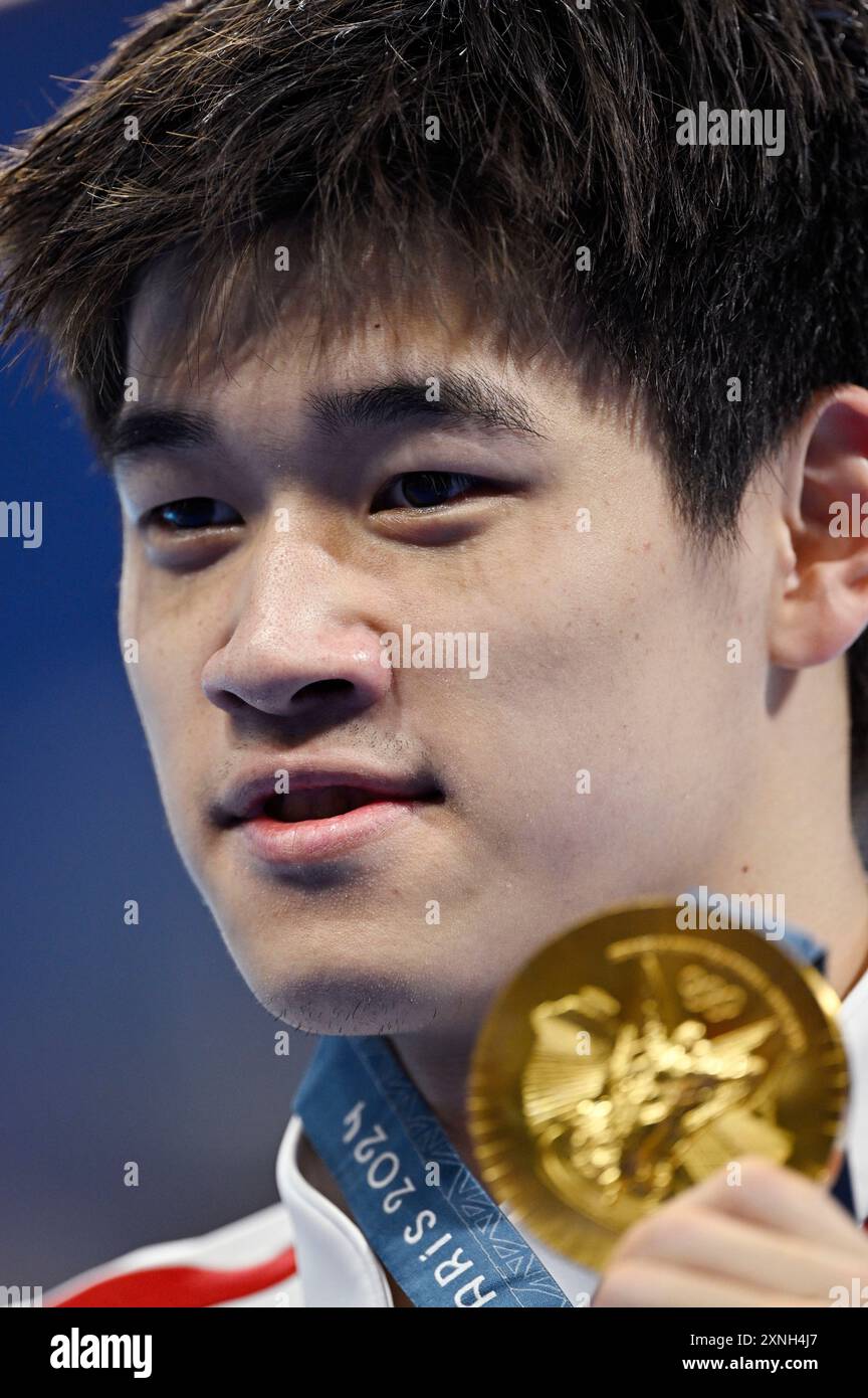 Paris, France. 31st July, 2024. Gold medalist Pan Zhanle of China shows ...