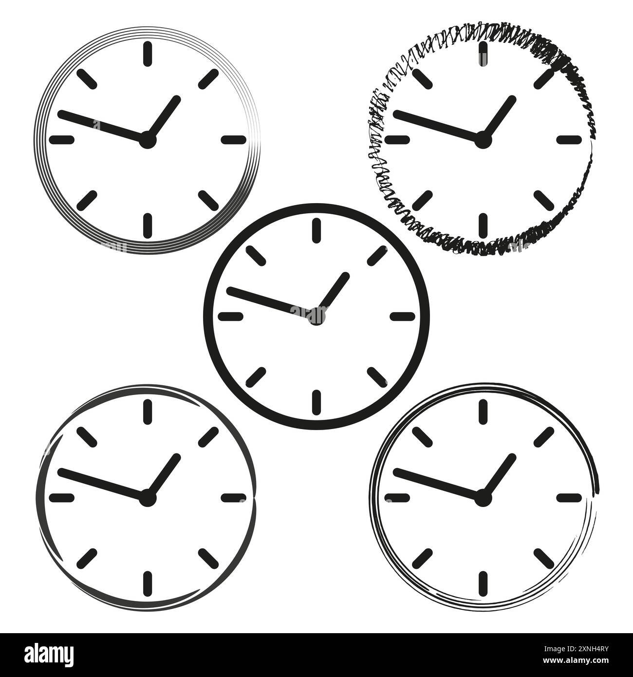 Hand drawn clock icons set. Collection of analog clocks with various ...