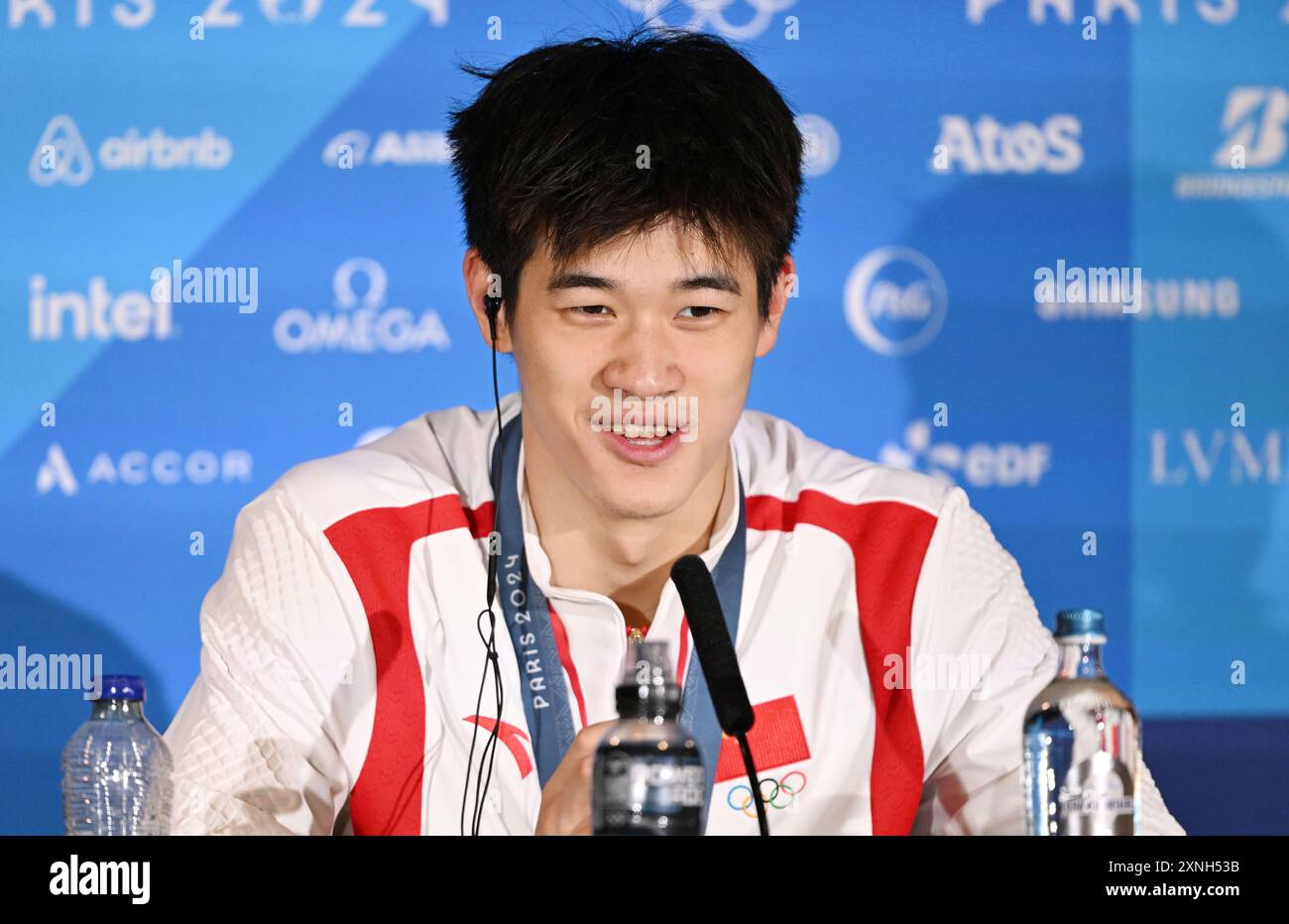 Paris, France. 31st July, 2024. Gold medalist Pan Zhanle of China ...