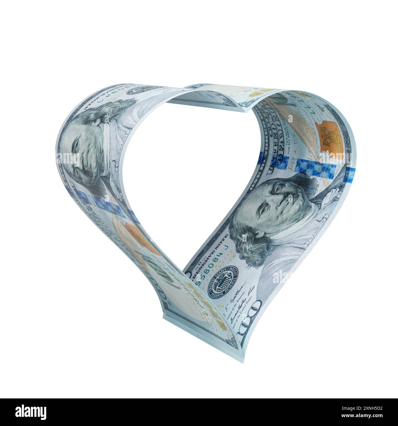 Heart made with 100 dollar bills isolated on white background. 3d ...