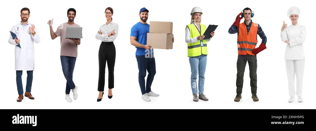 People of different professions. Collage with portraits on white ...