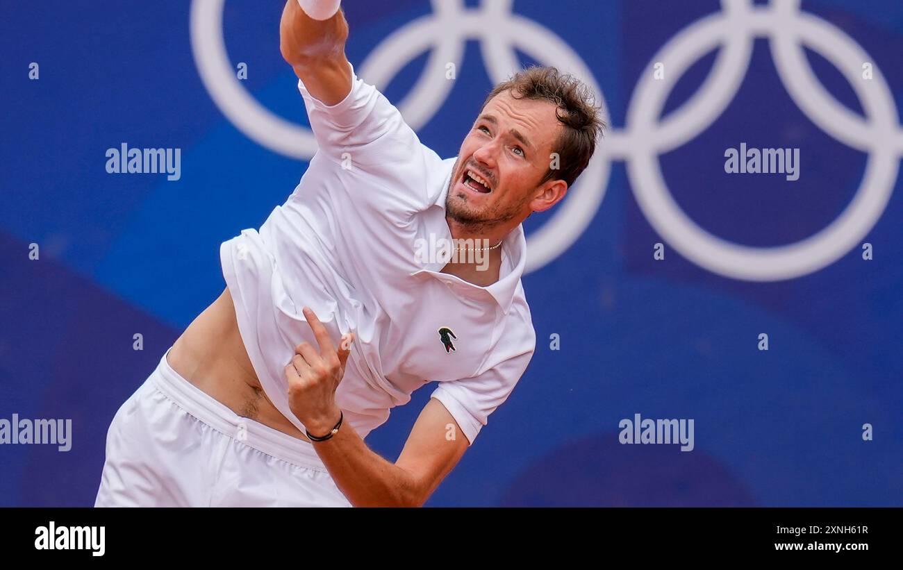 Daniil Medvedev of Russia returns the ball against Felix Auger-Aliassime of Canada during the ...