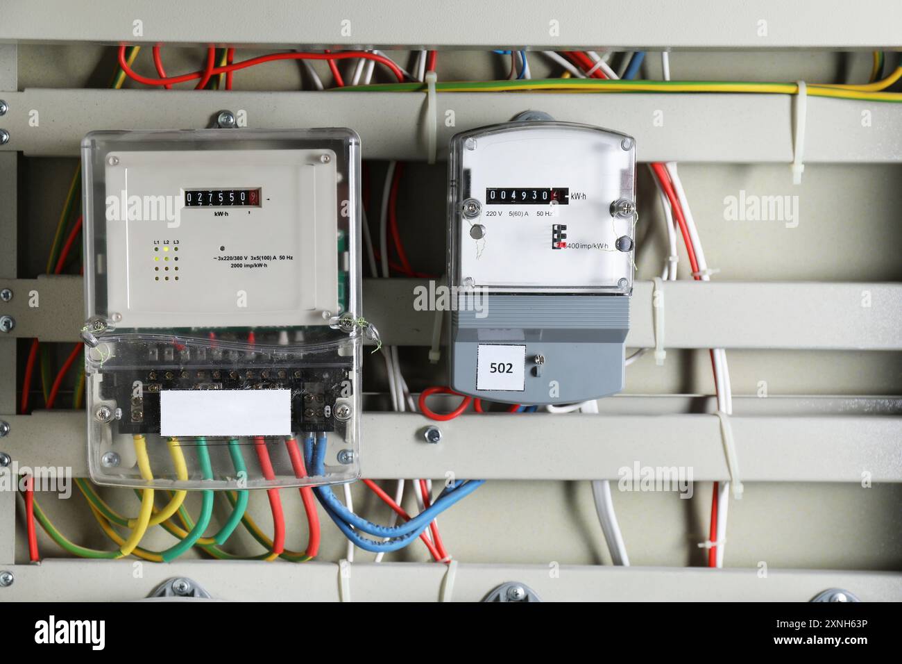Electric meters and wires in fuse box. Energy measuring device Stock ...