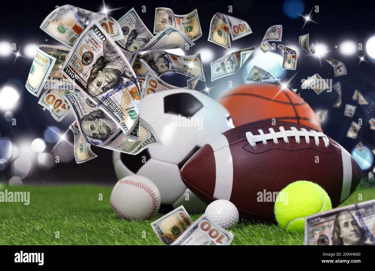 Money flying from different sports balls on stadium Stock Photo - Alamy