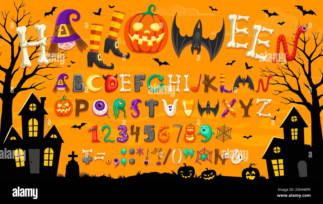 Cartoon Halloween font of scary type and witch typeface alphabet ...