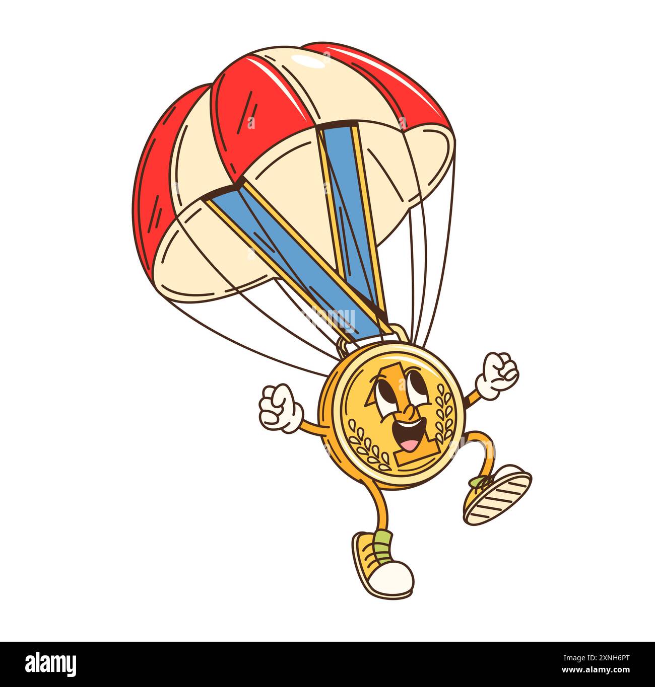 Cartoon groovy school golden medal character is parachuting down with a ...