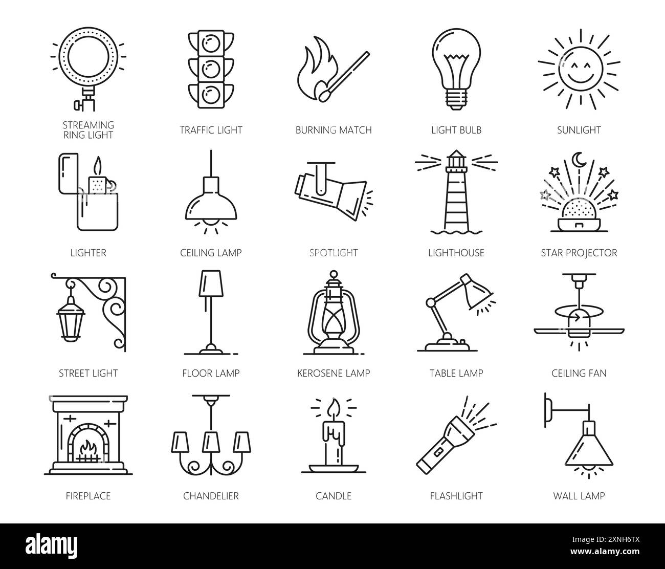Lights, lamps or lantern thin line icons. Streaming ring, street and ...