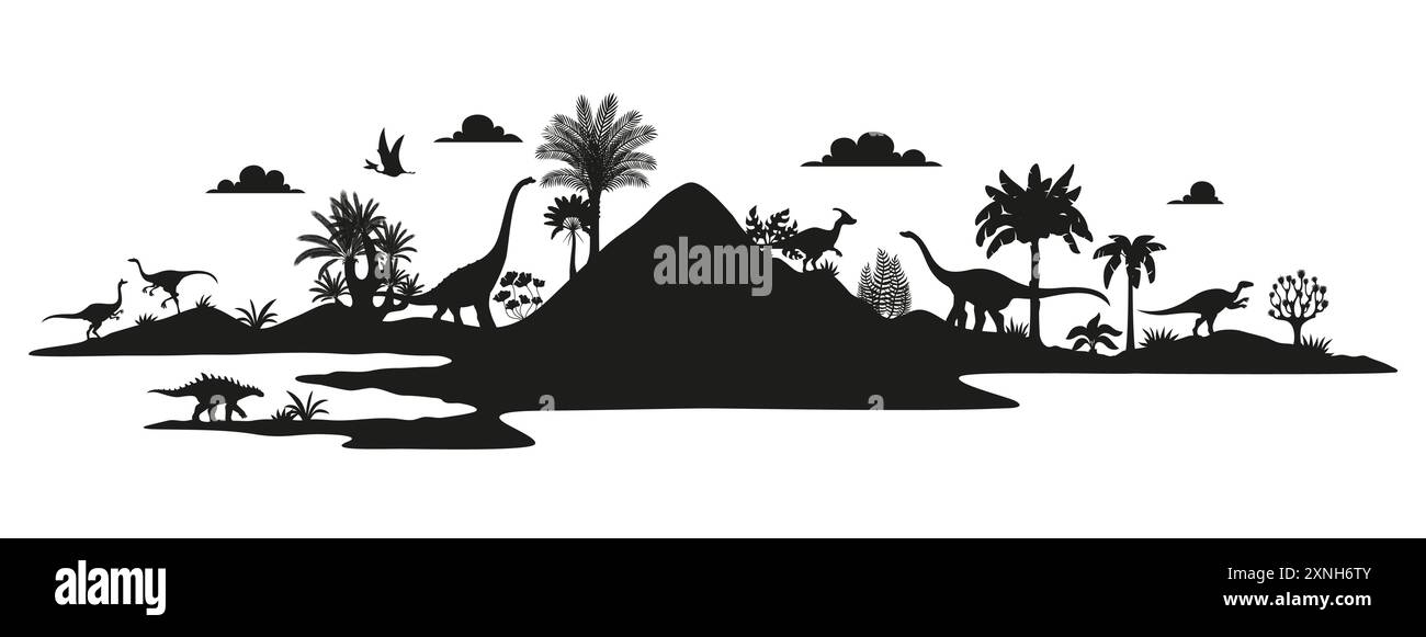 Prehistoric dinosaurs landscape silhouette. Isolated vector black ...