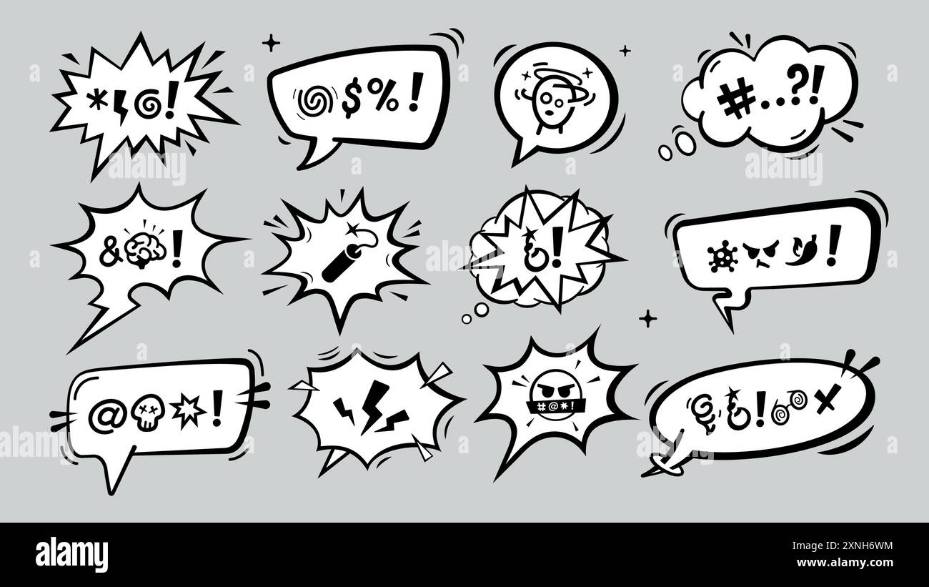 Swear speech bubbles, comic aggressive expletive curse, hate angry talk. Vector clouds with ...