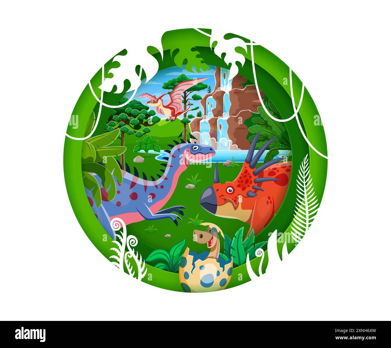 Paper cut prehistoric era landscape with dinosaurs. Cartoon dino ...