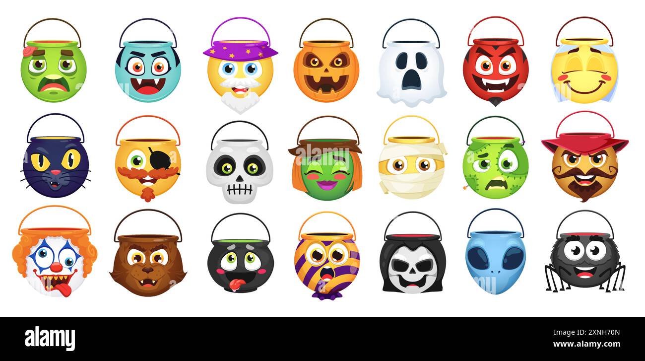 Halloween candy buckets, bags and baskets isolated vector set. Zombie ...