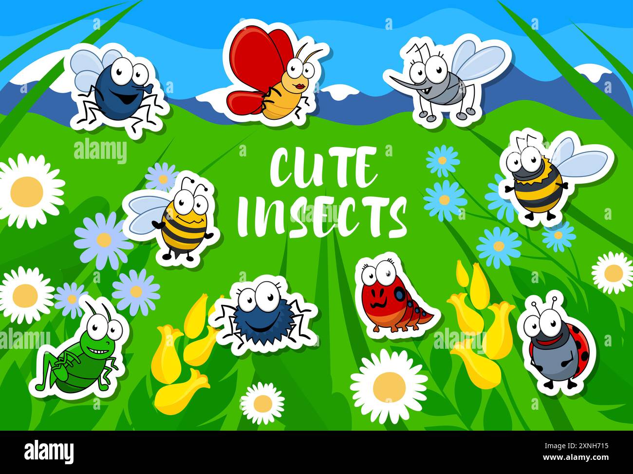 Cartoon cute funny insect characters stickers pack. Vector set of ...