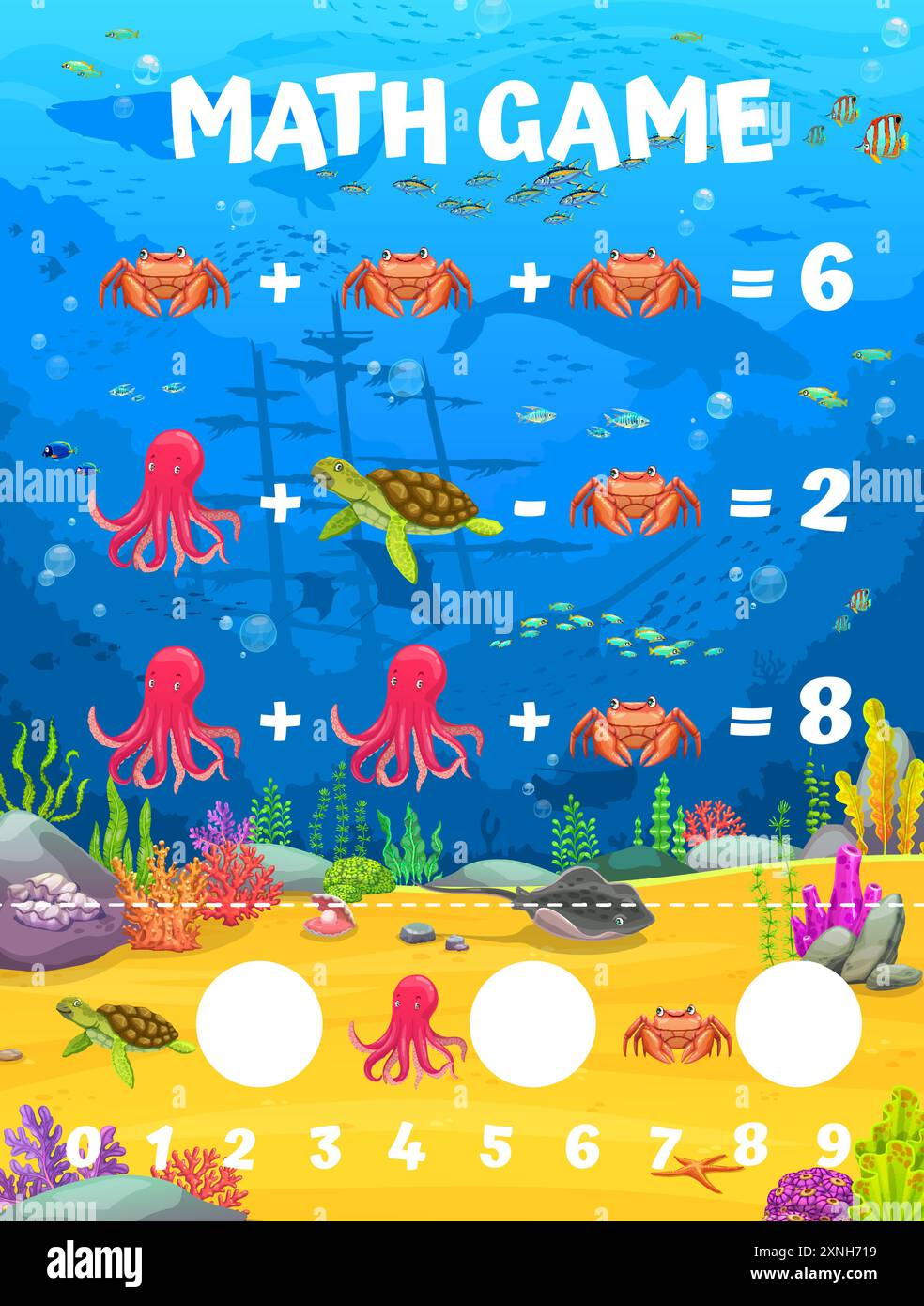 Kids math game, underwater landscape and sea animals. Vector ...