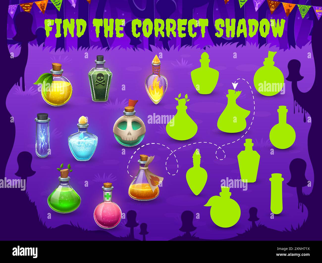 Find the correct shadow of witch potion bottles. Similarity search ...
