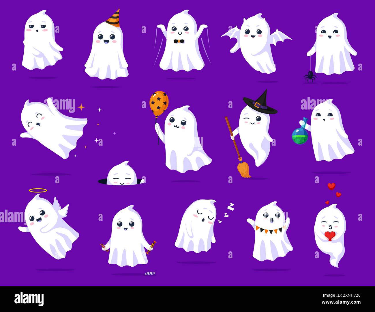 Halloween kawaii ghosts, cute funny boo characters for holiday horror night, vector cartoon ...