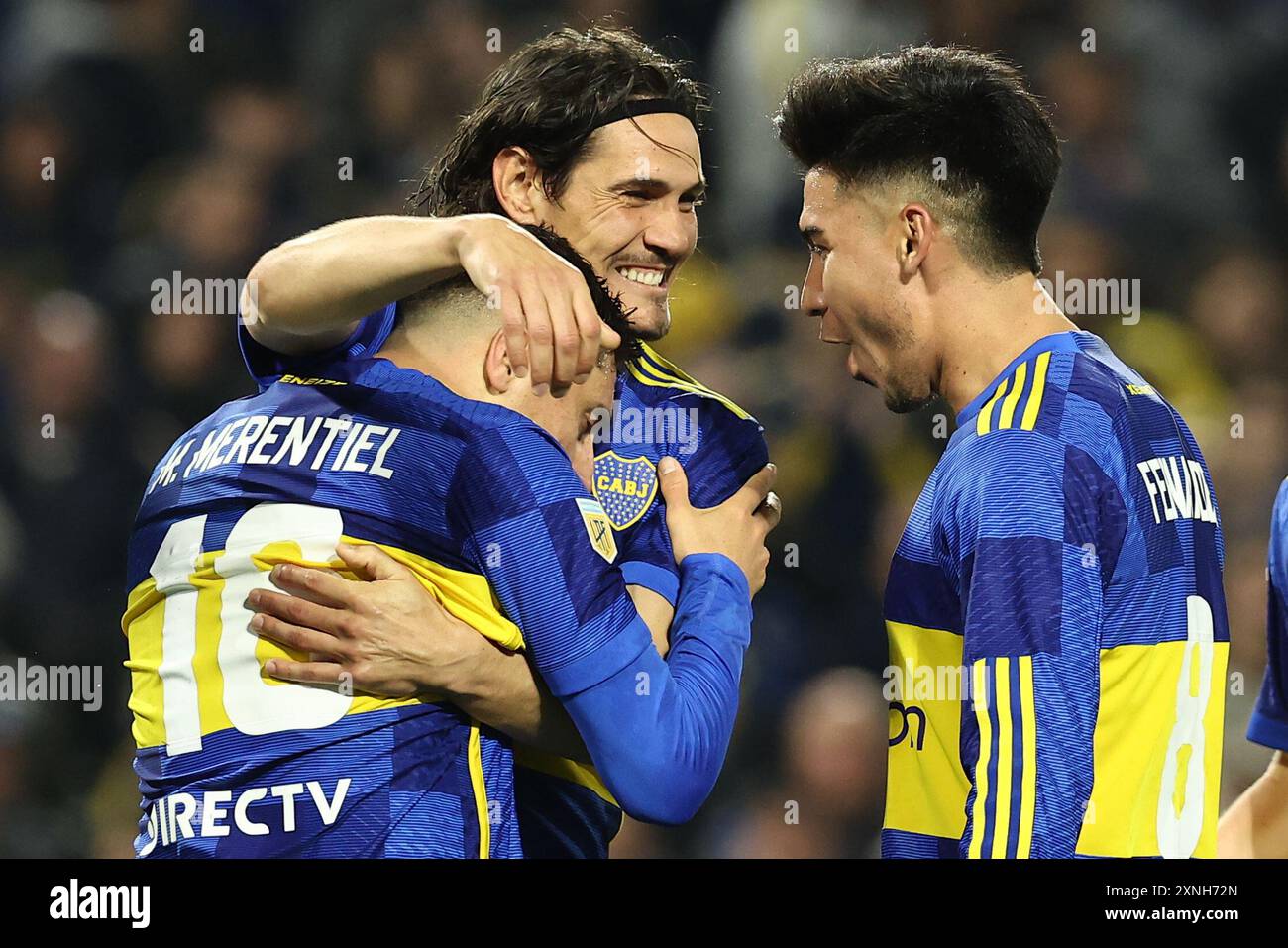 Boca Juniors' Uruguayan forward Miguel Merentiel (L) celebrates with ...