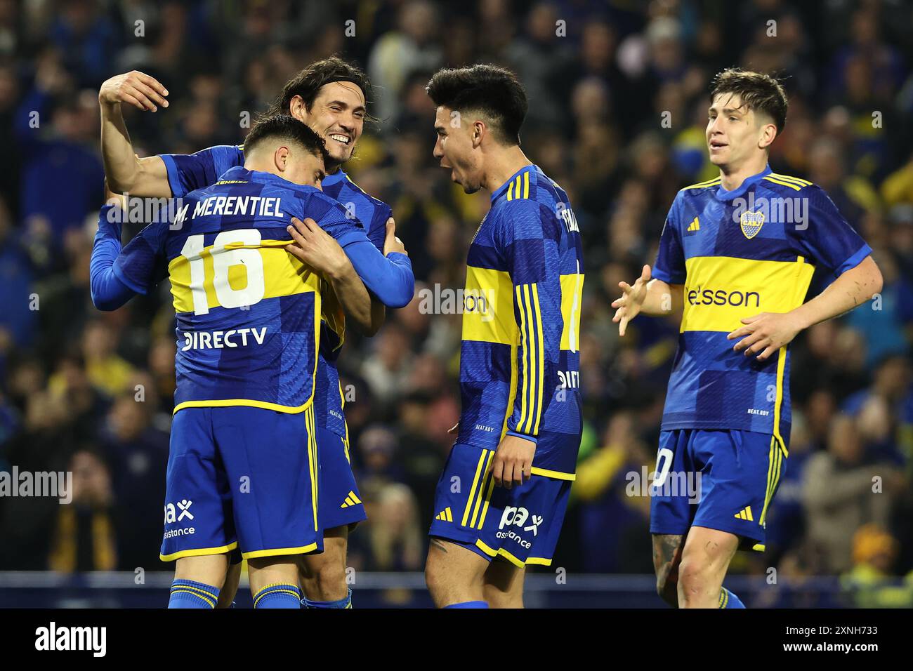 Boca Juniors' Uruguayan forward Miguel Merentiel (L) celebrates with ...