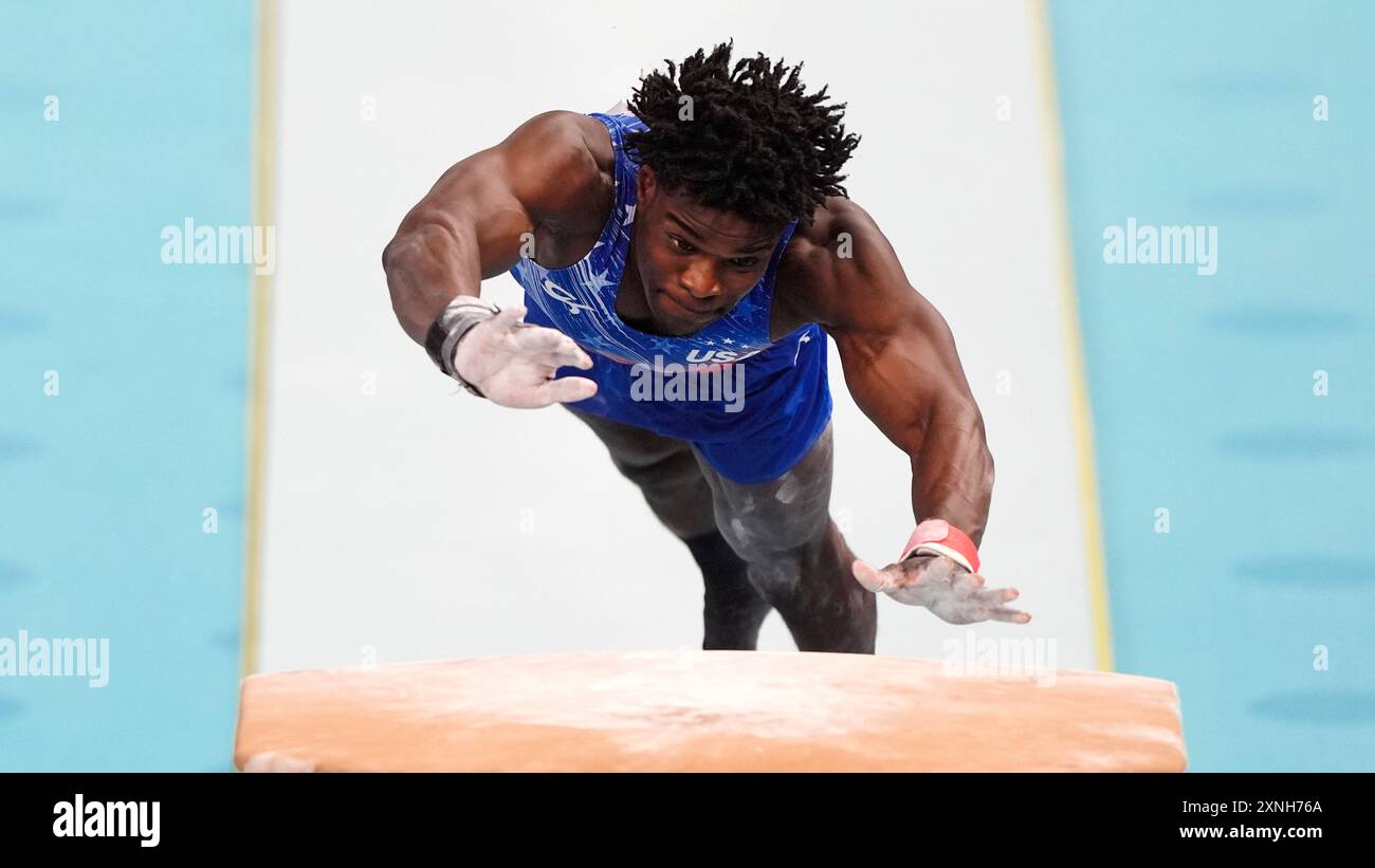 Frederick Richard, of the United States, performs on the vault during ...