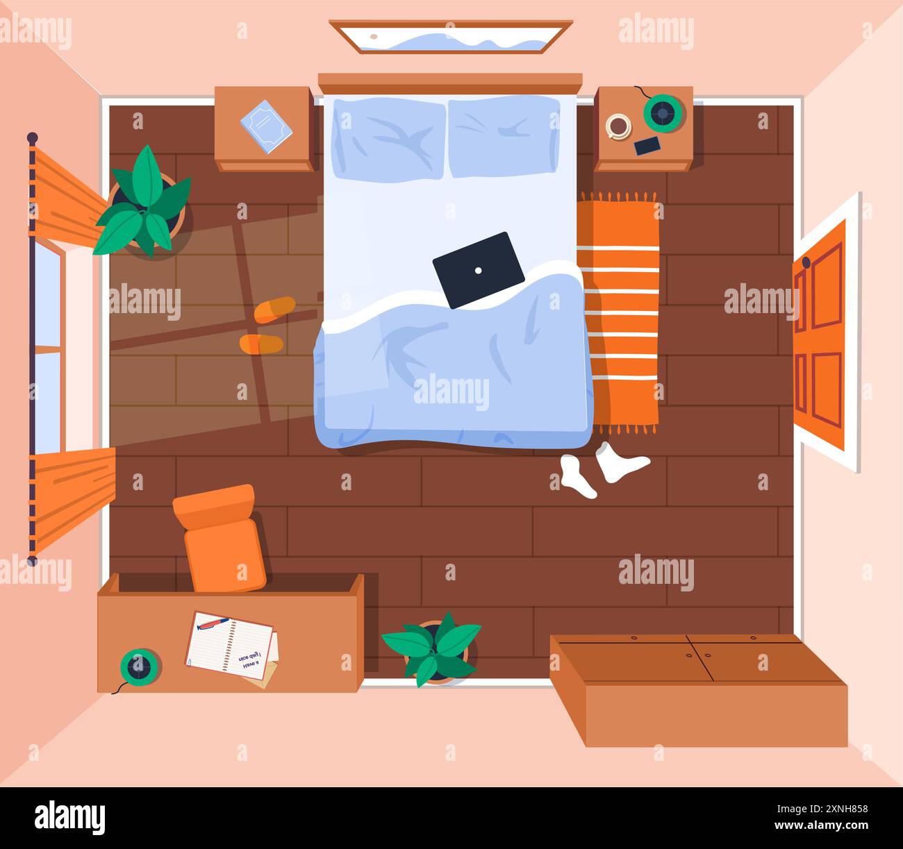 Bedroom top view. Bed with laptop near closet with clothes and bedside ...