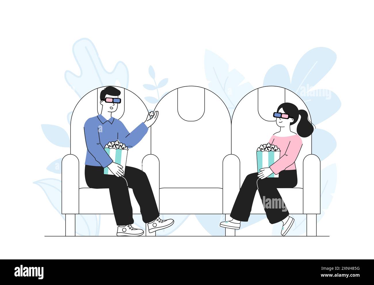 People in cinema. Man and woman in 3D glasses sitting with popcorn ...