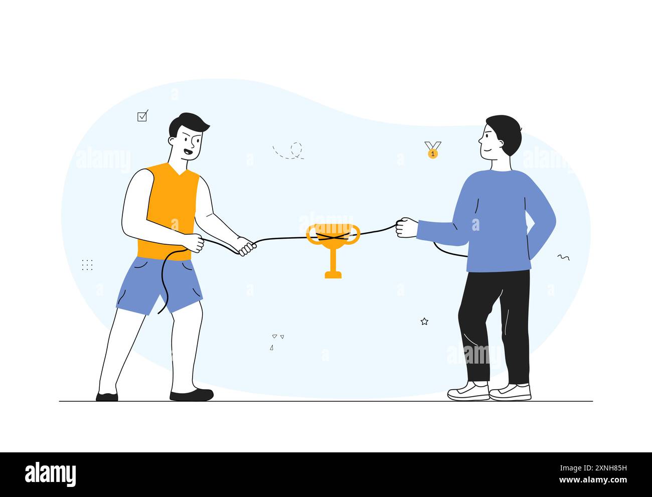 People tug of war. Men pull rope with cup. Competition and tournament ...