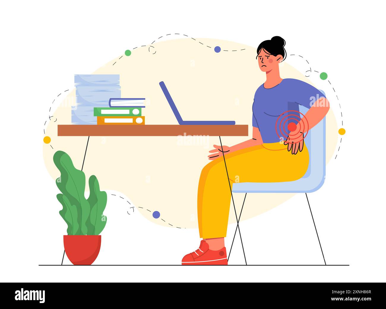 Woman with back pain. Young girl in office sits at table and holds her ...