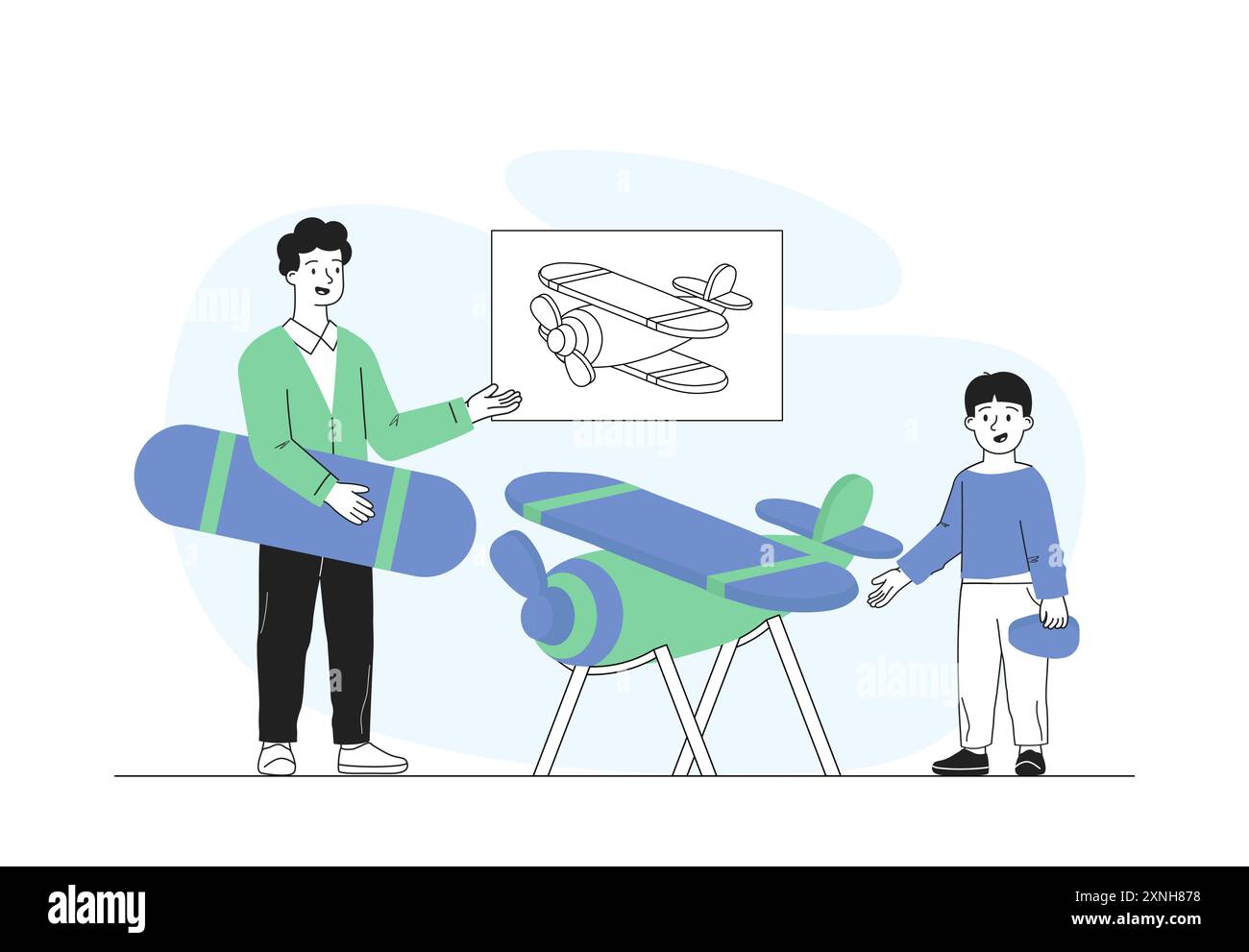 Boy building airplane. Father and son assembling plane. Aircraft and ...