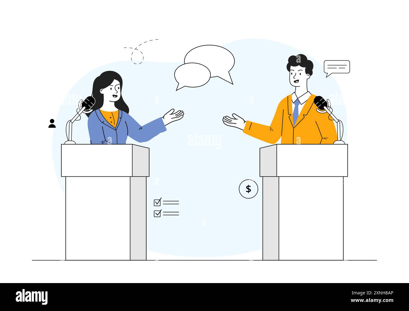 Political debate concept. Man and woman stand behind stands with ...