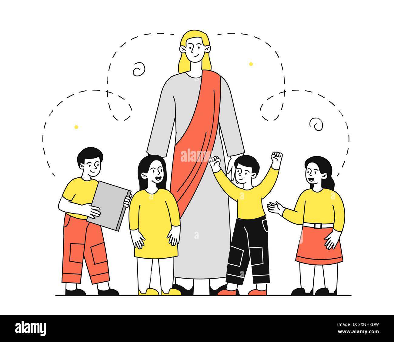 Jesus and children. God in tunic with boys and girls. Christianity and ...