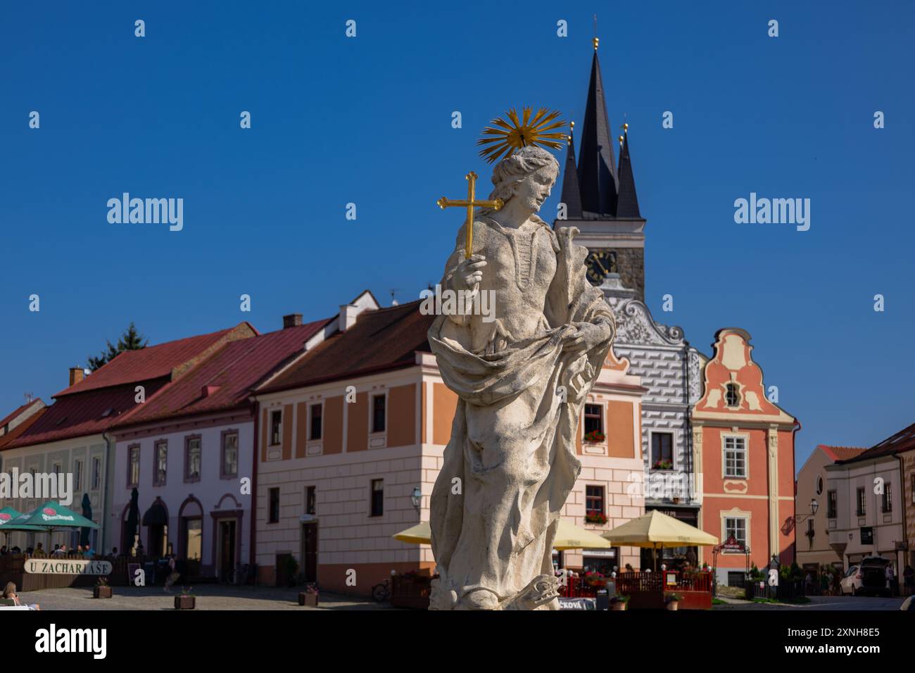 Telc, Czech Republic. June 25, 2024. Statue of Virgin Mary in Telc main ...