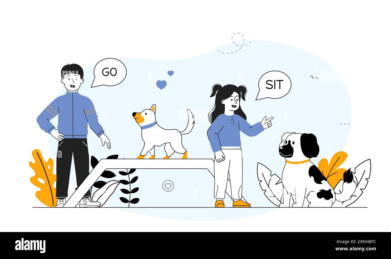 Children train dogs. Boy and girl training puppies. Children spend time ...