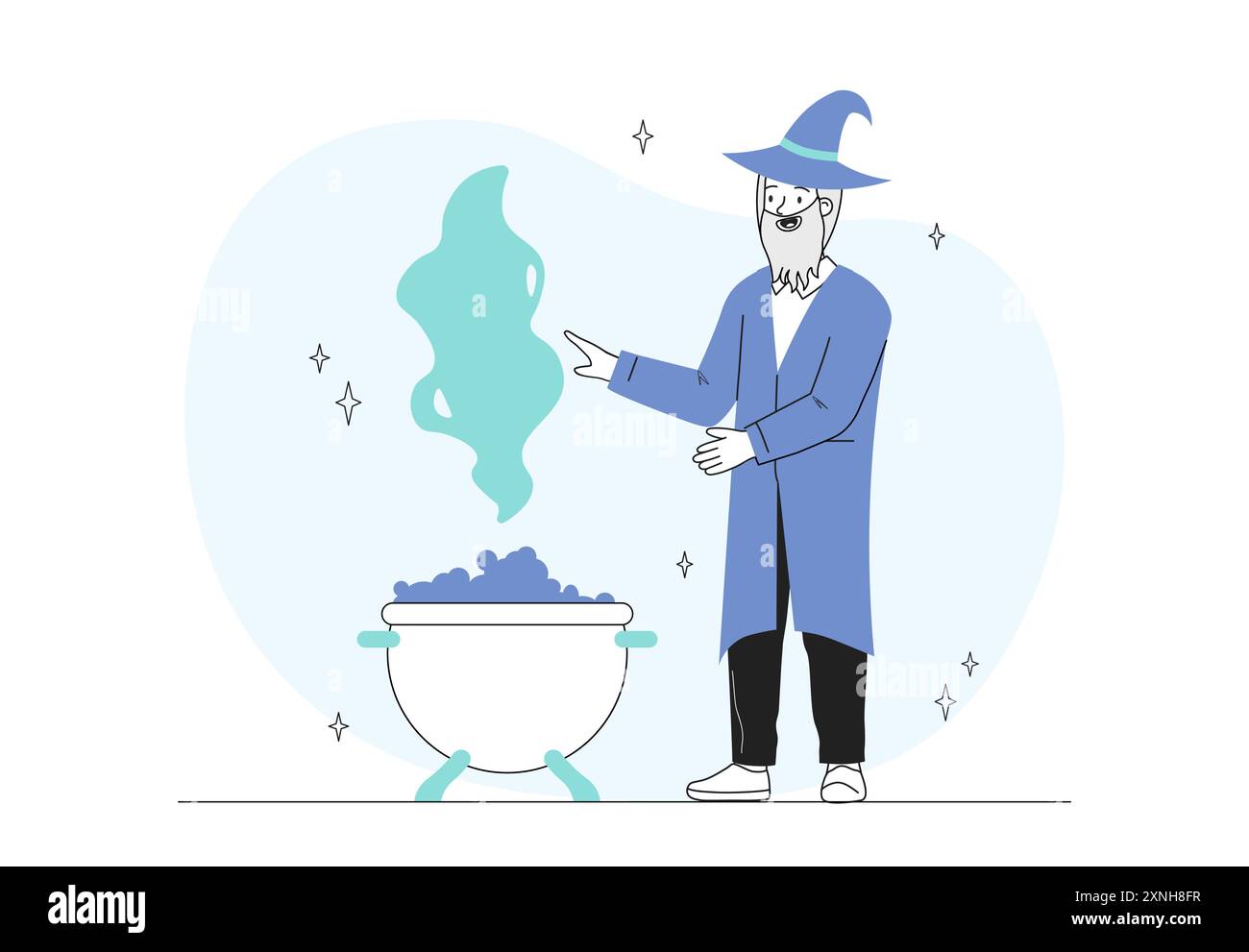 Magician with cauldron. Elderly man near pot with potion or poison ...