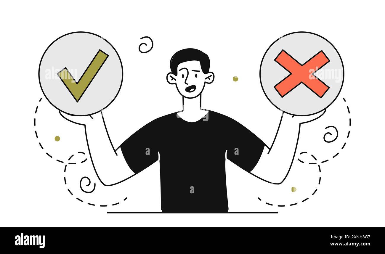 Man with choice. Young guy with green check mark and red cross. Person ...