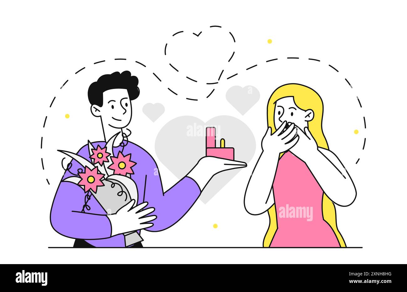 Man make proposal to woman. Young guy with bouquet of flowers gives ...