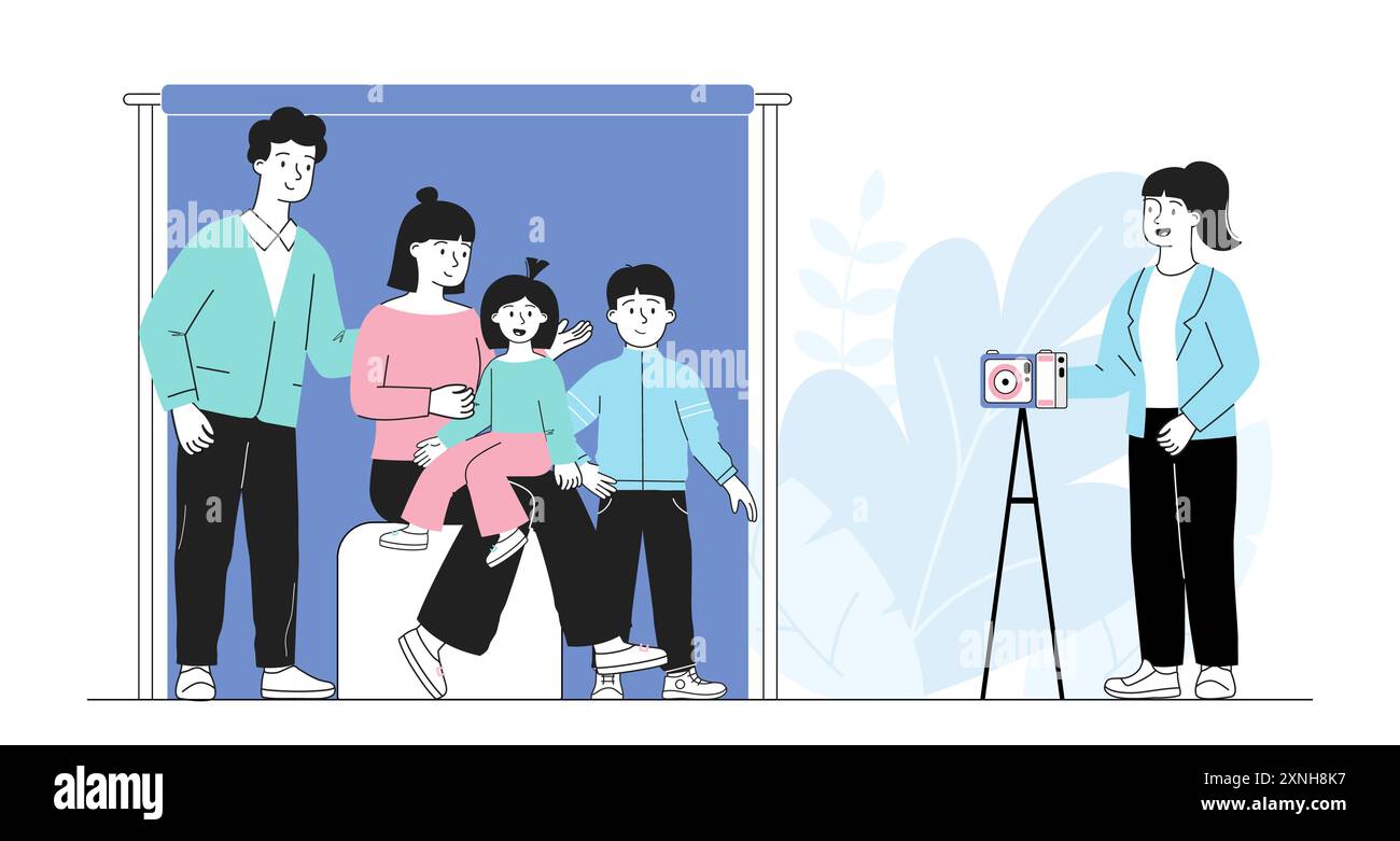 Family photo shoot. Photographer with camera takes photo of large ...