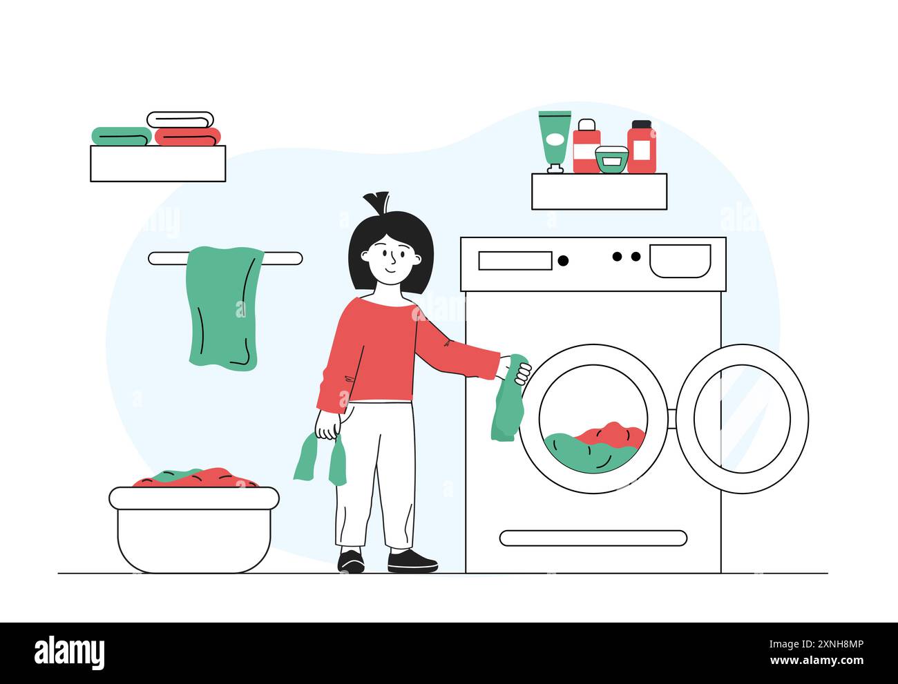 Girl washing things. Child puts dirty clothes in washing machine ...