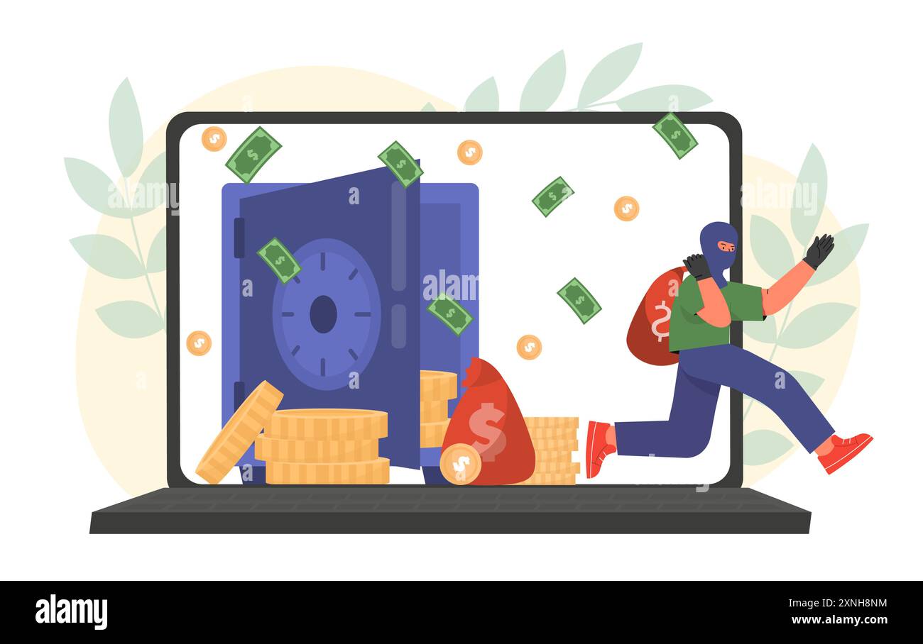 Online thief steal money. Man in mask with bag of money runs near ...