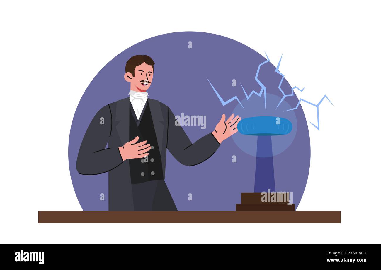 Nikola Tesla concept. Man in suit with electrical device and invention ...