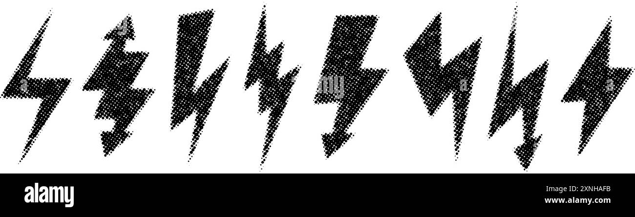 Halftone grunge lightning bolt set. Dotted thunder bolt symbol ...