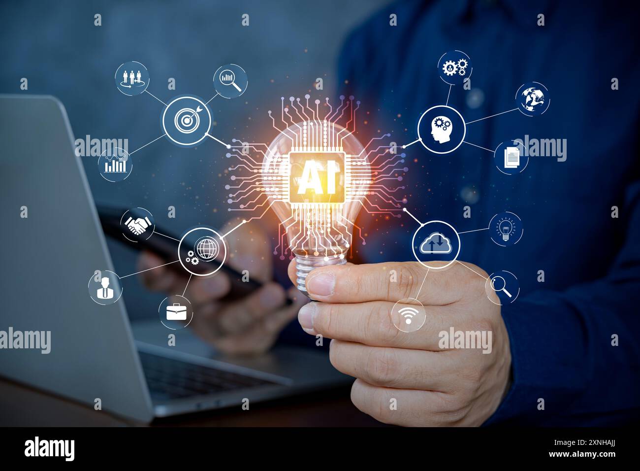 AI Artificial Intelligence. Business woman using AI technology for data ...