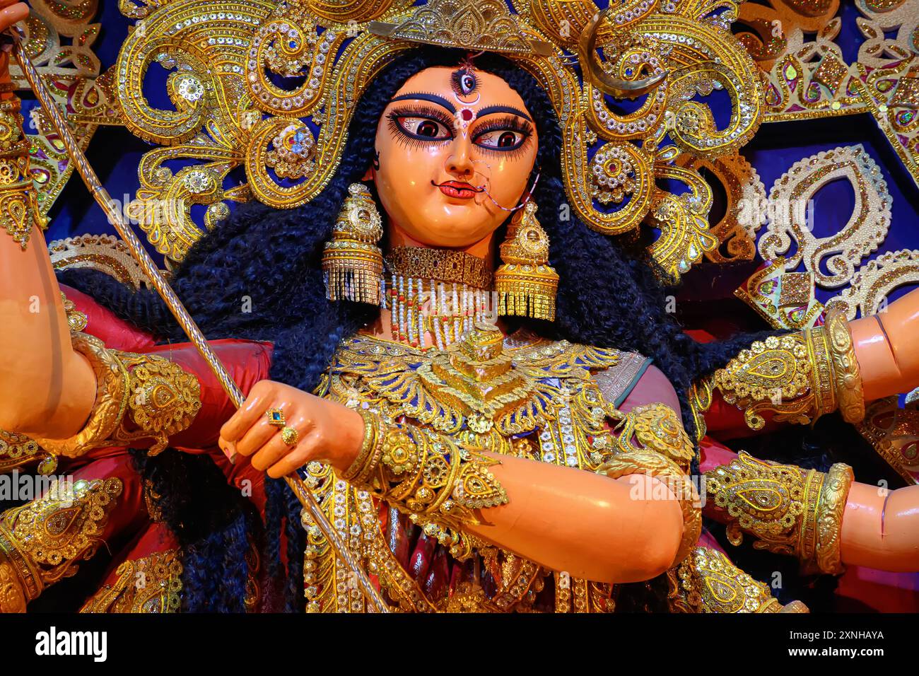 Idol of Goddess Devi Durga at a decorated puja pandal in Kolkata, West ...
