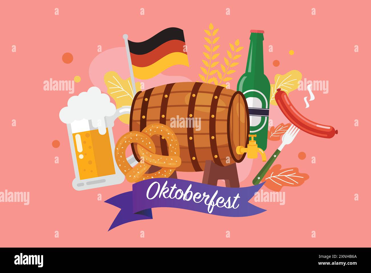 Oktoberfest banner with beer barrel sausage and pretzel. Cartoon Flat ...