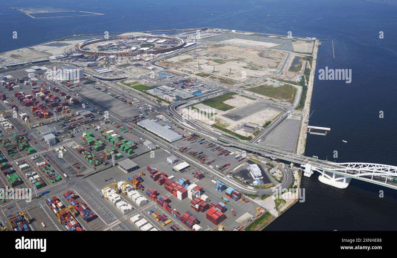 An aerial photo shows Yumeshima, the venue for Expo 2025 Osaka, Kansai ...