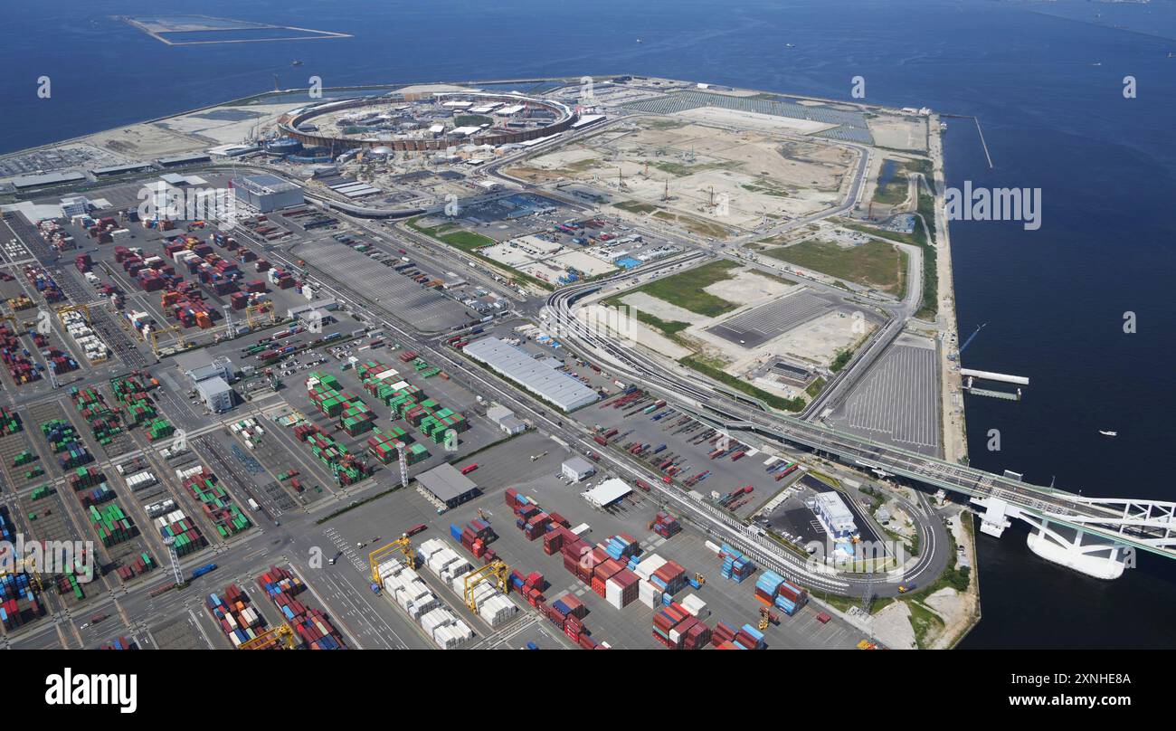 An aerial photo shows Yumeshima, the venue for Expo 2025 Osaka, Kansai ...
