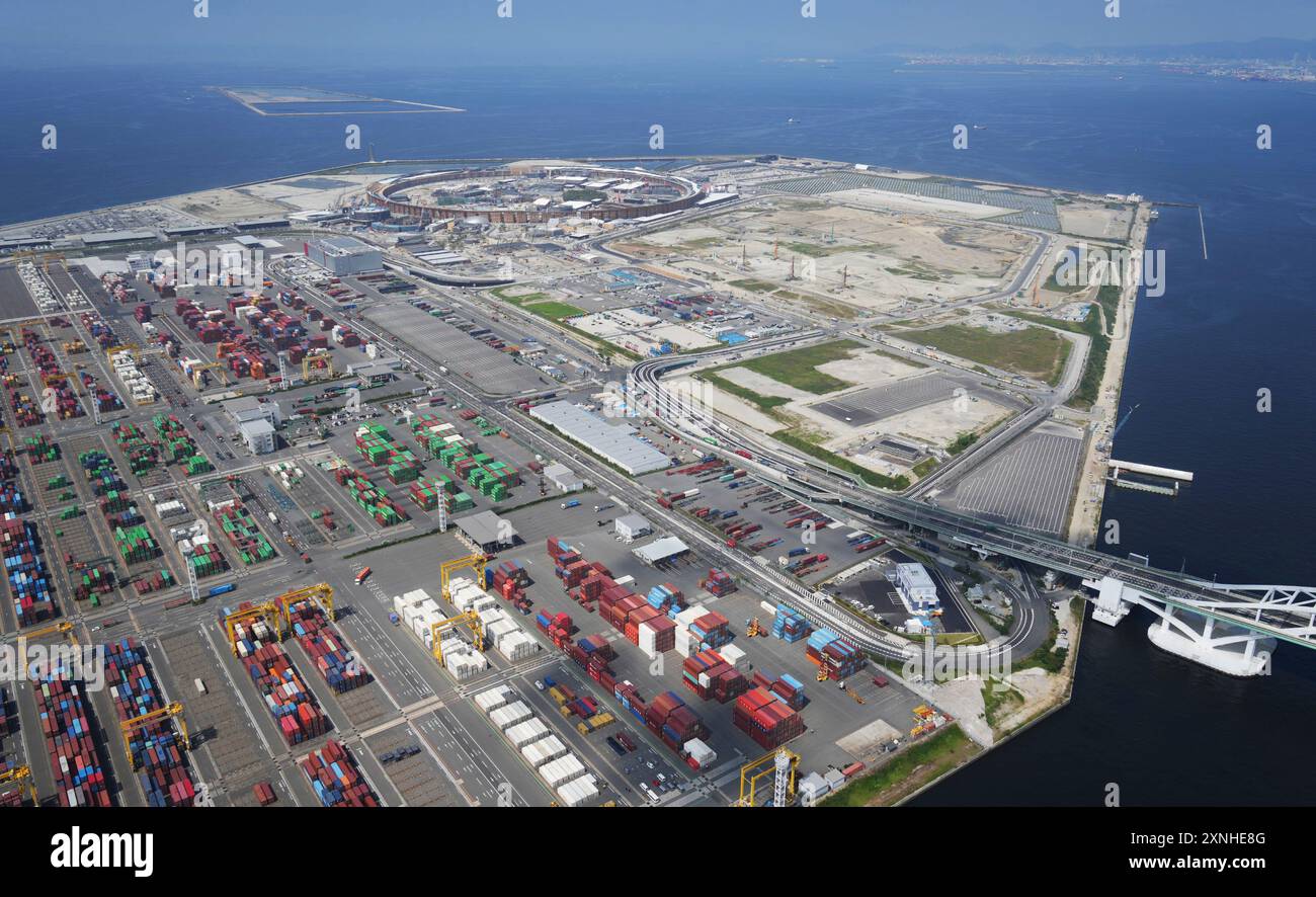 An aerial photo shows Yumeshima, the venue for Expo 2025 Osaka, Kansai ...
